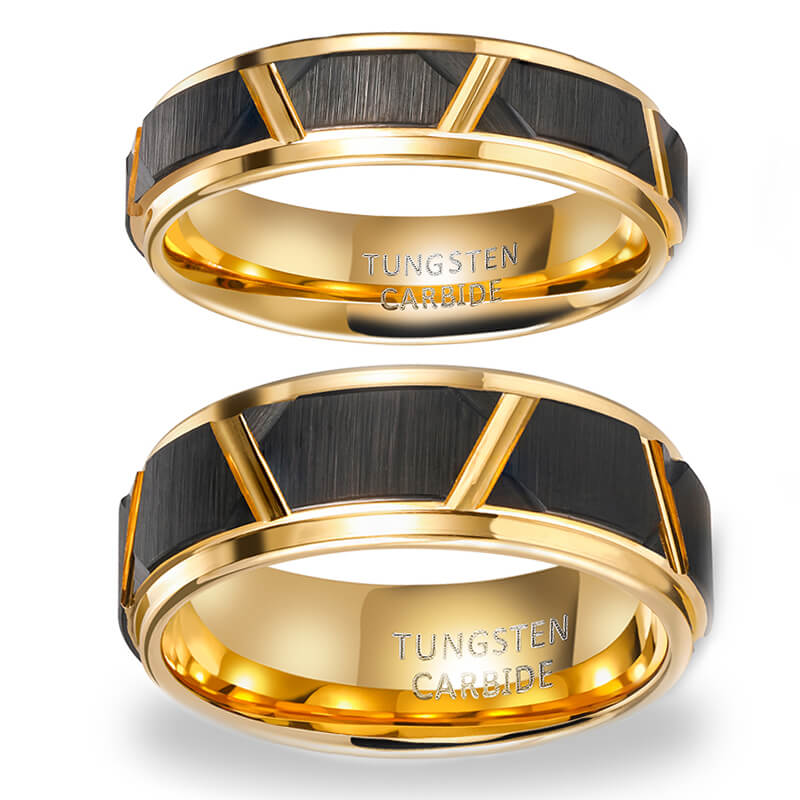 His & Her 6mm/8mm Brushed Black Gold Tungsten Wedding Bands with Groov ...