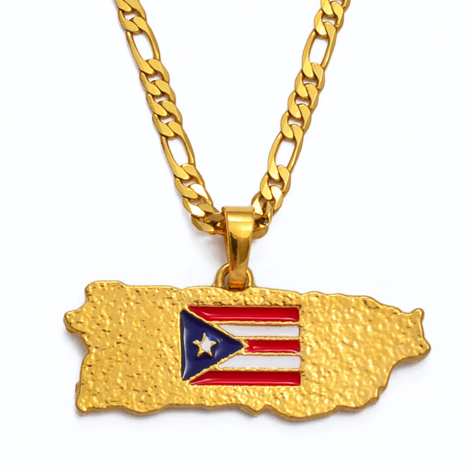 Puerto Rico Flag Pendant Figaro Chain Necklace Gold Tone – Innovato Design