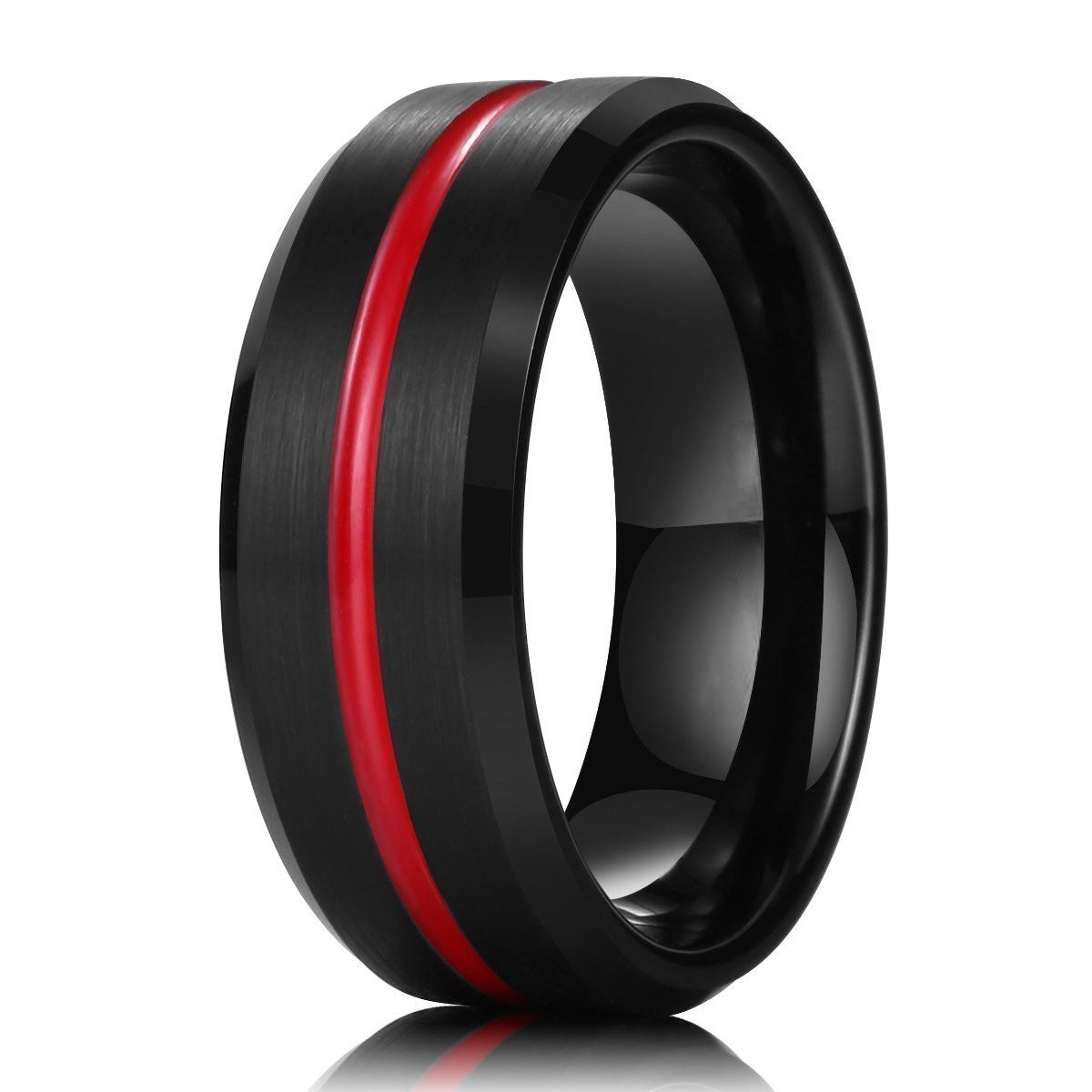 Thin Red Groove Black Brushed Tungsten Carbide Wedding Band Ring Comfo ...