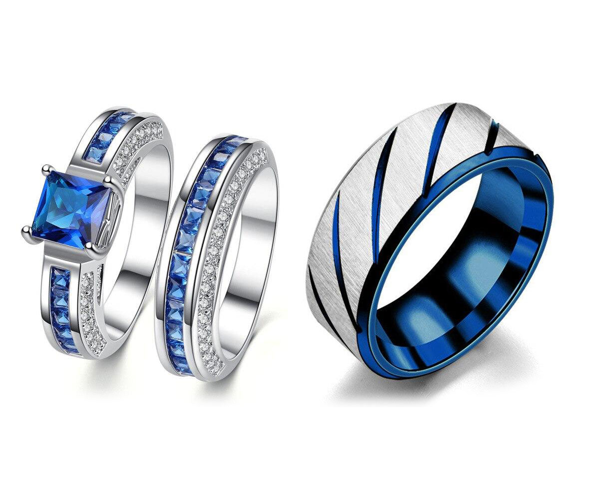 Blue/Silver and Blue Cubic Zirconia Stainless Steel Wedding Ring Set ...