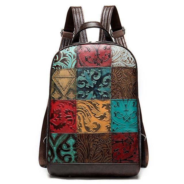 Multi-color Leather Backpack with Embossed Patterns on Patchwork Desig ...