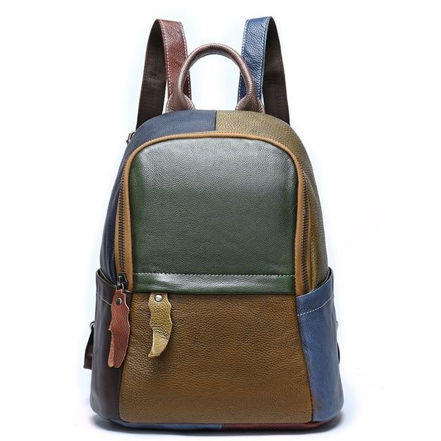 Large Colorful Green Yellow Blue and Red Pattern Genuine Leather Backp ...