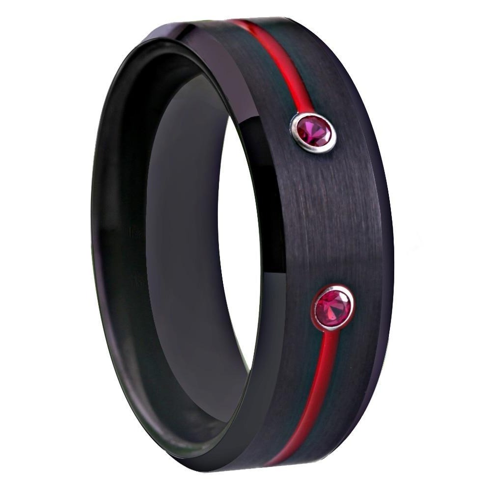 Classic Cubic Zirconia Red Groove Black-Plated Tungsten Wedding Band ...