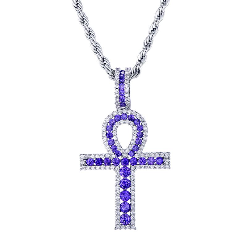 Metallic Cubic Zirconia Lined Ankh Pendant with Purple Crystal Inlay N ...