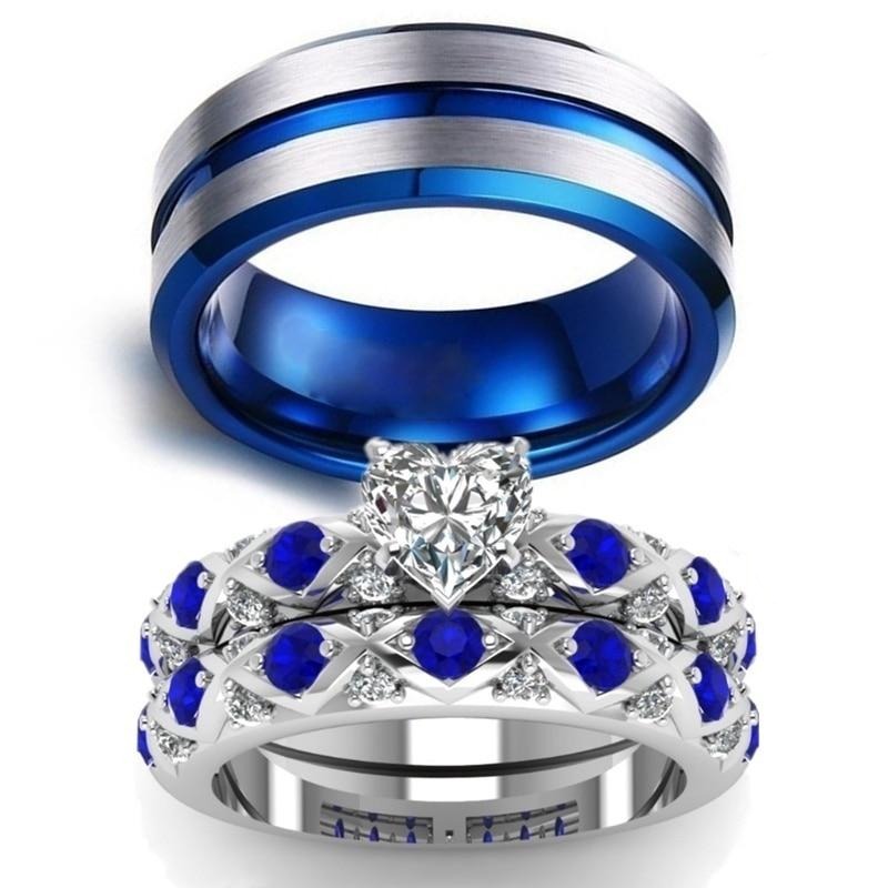 Blue Inlay and Blue/White Cubic Zirconia Heart Stainless Steel Wedding ...
