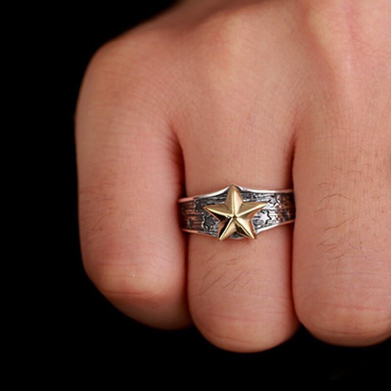 7mm Gold-Plated Star 925 Sterling Silver Vintage Punk Rock Retro Ring ...