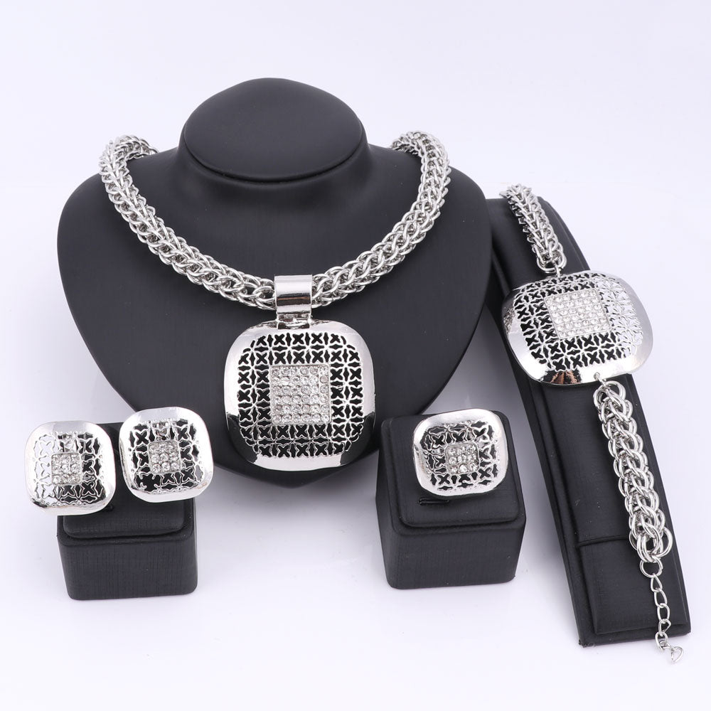 Silver-Plated Square Crystal Necklace, Bracelet, Earrings & Ring Weddi ...