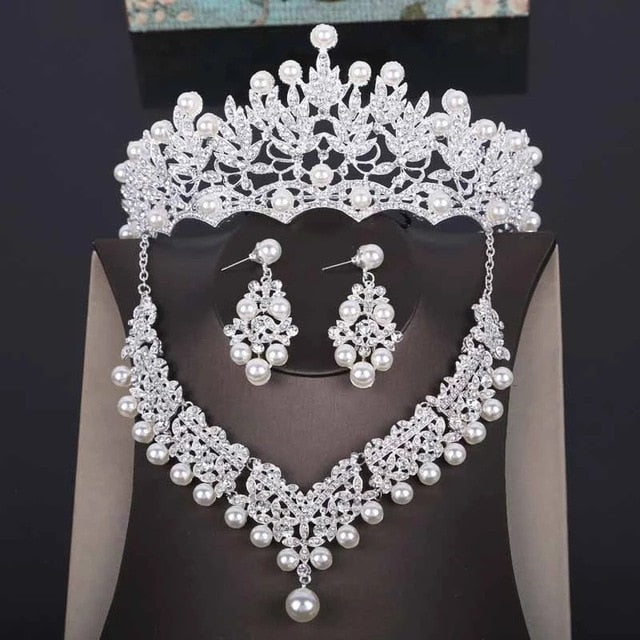 Crystal, Pearl and Rhinestone Tiara, Necklace & Earrings Wedding Prom ...