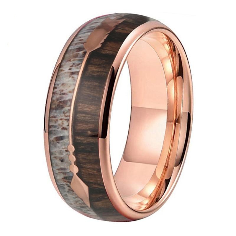 8mm Arrow Inlay Deer Antler and Zebra Wood Rose Gold Tungsten Wedding ...