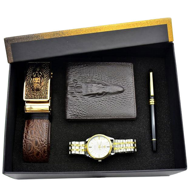 Men Stainless Steel Quartz Watch, Belt, Folding Wallet, and Rosary or ...