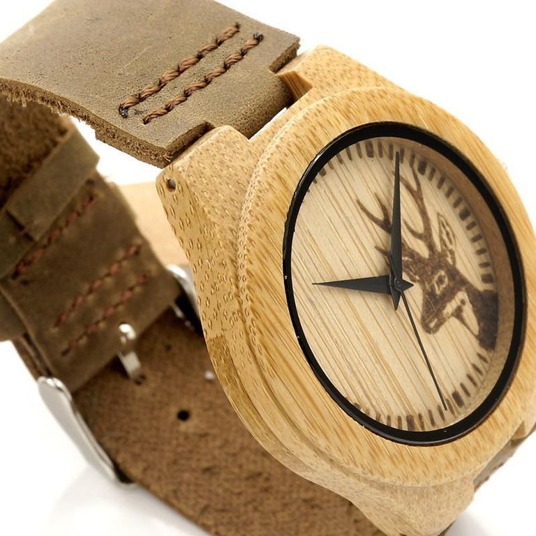 Clean Design Deer Bamboo Wooden Watch with Leather Strap Band ...