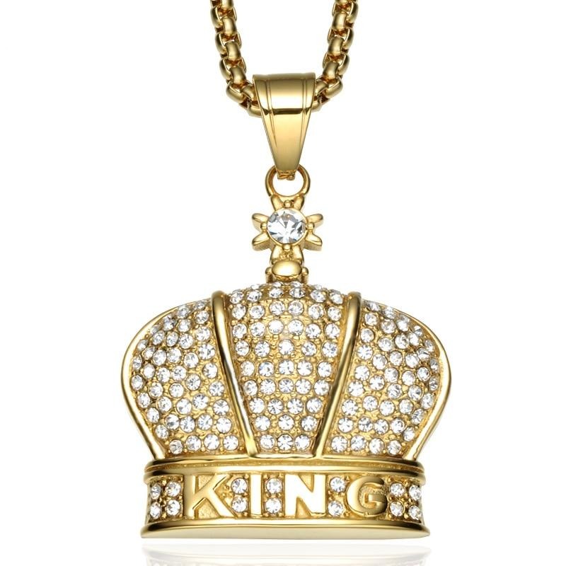 Rhinestone-Studded Gold-Plated King Crown Bling 316L Stainless Steel H ...