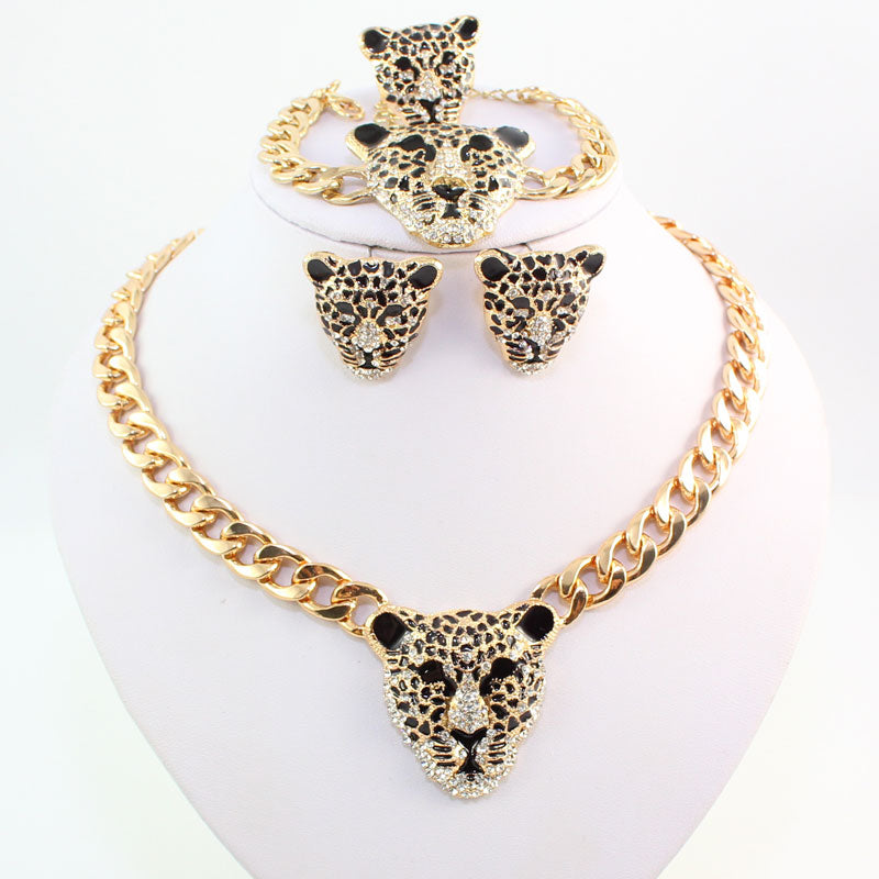 Gold-Plated Leopard Head Crystal Necklace, Bracelet, Earrings & Ring W ...